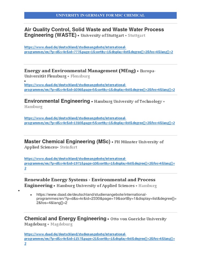 MSc Chemical Engineering Programs in Germany | PDF