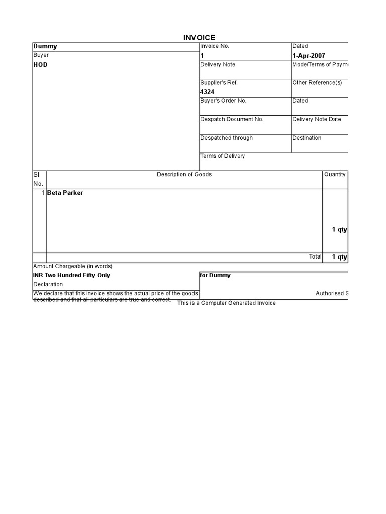 Invoice: Dummy 1 1-Apr-2007 HOD | PDF | Invoice | Business