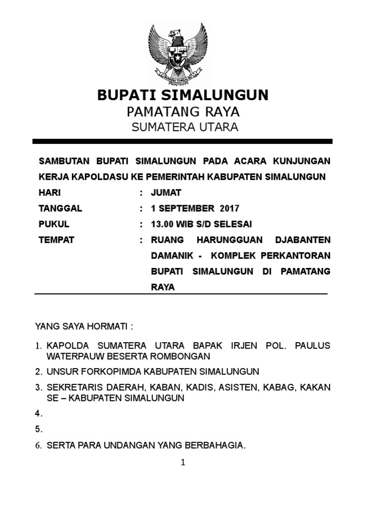 KATA SAMBUTAN ACARA Penyambutan Kunjungan Kerja Kapoldasu Ke Kabupaten ... KATA SAMBUTAN ACARA Penyambutan Kunjungan Kerja Kapoldasu Ke Kabupaten ...