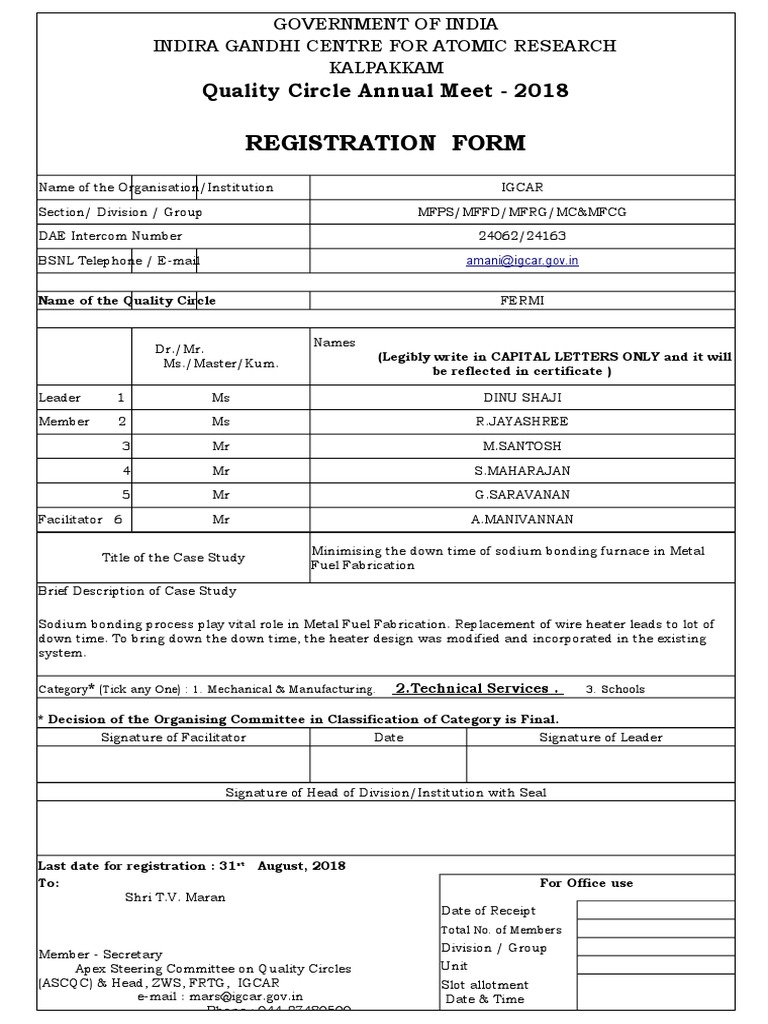 Registration Form: Quality Circle Annual Meet - 2018 | PDF