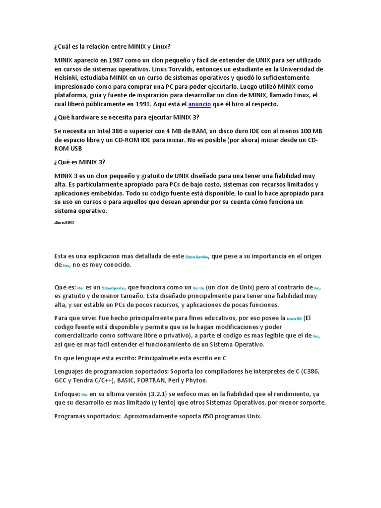 Cuál Es La Relación Entre MINIX y Linux | PDF | Computadoras personales | Unix