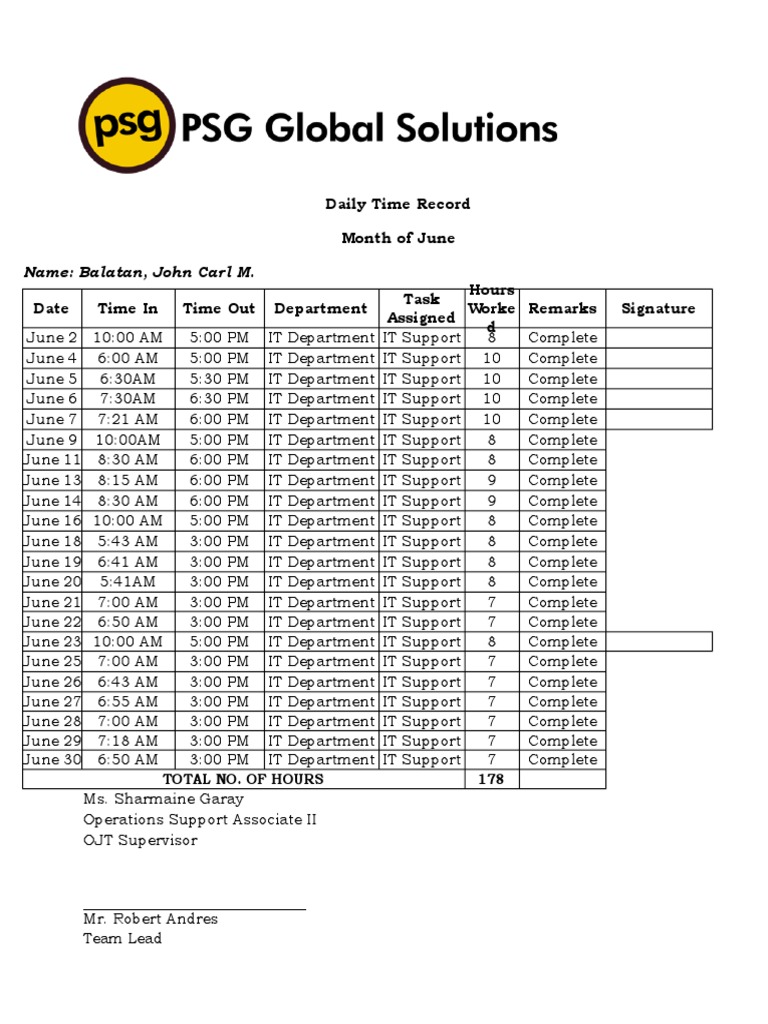 Daily Time Record Month of June Hours Worke D: Name: Balatan, John Carl ...