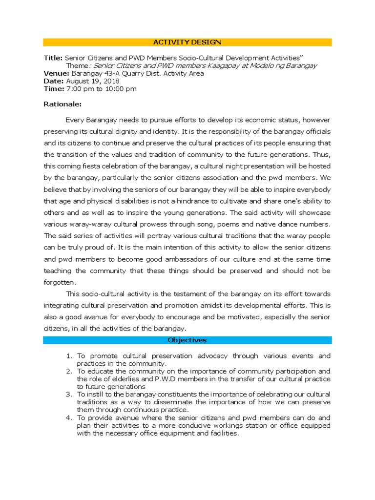 Senior Citizens Cultural Activity Plan | PDF