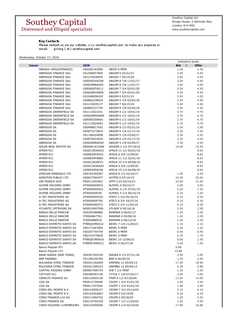 2018 10 17 - Indicative Bond Prices Southey Capital Bond Illiquid and Distressed | PDF | Banks ...