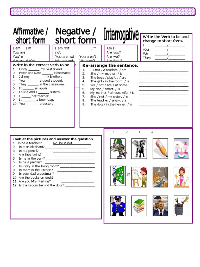 Re-Arrange The Sentence.: Write The Verb To Be and Change To Short Form ...