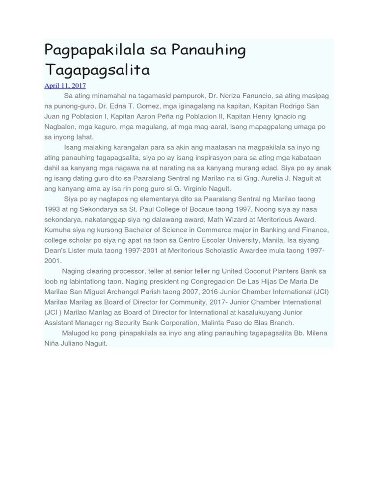 Pagpapakilala Sa Panauhing Tagapagsalita | PDF