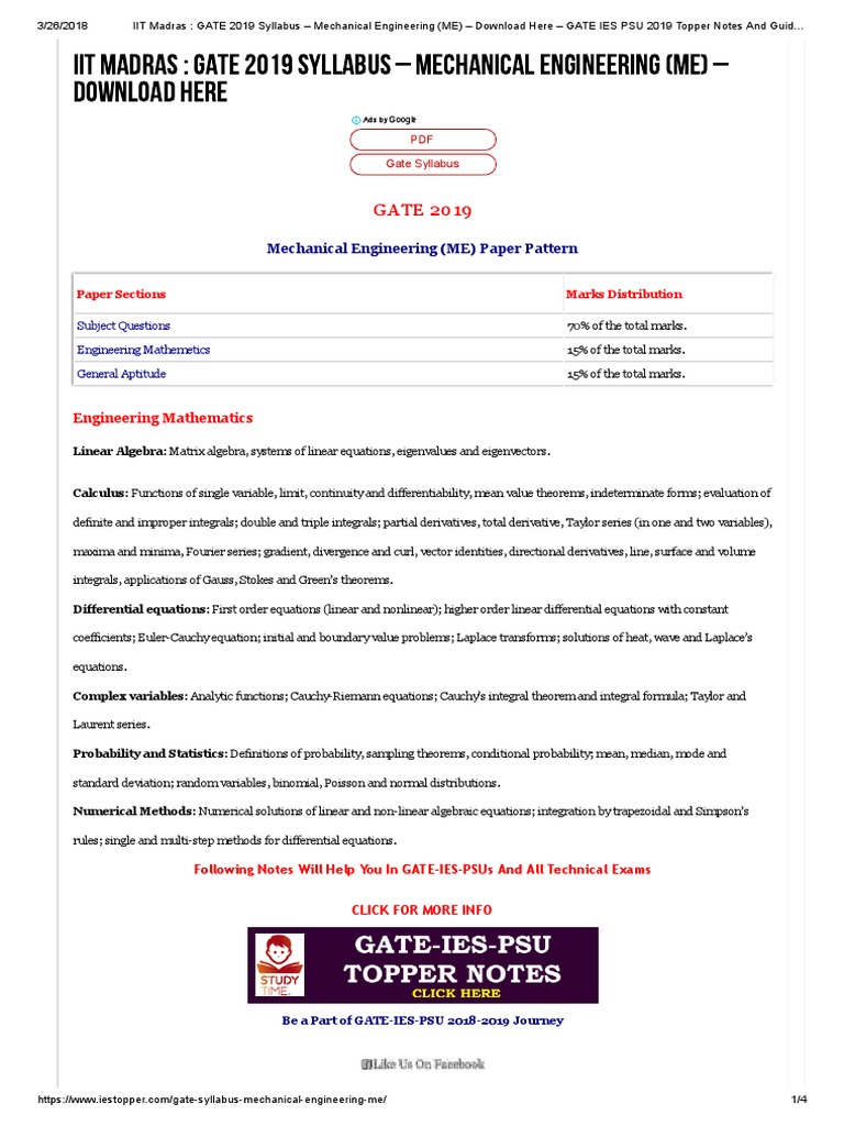 IIT Madras - GATE 2019 Syllabus - Mechanical Engineering (ME) - Download Here - GATE IES PSU ...