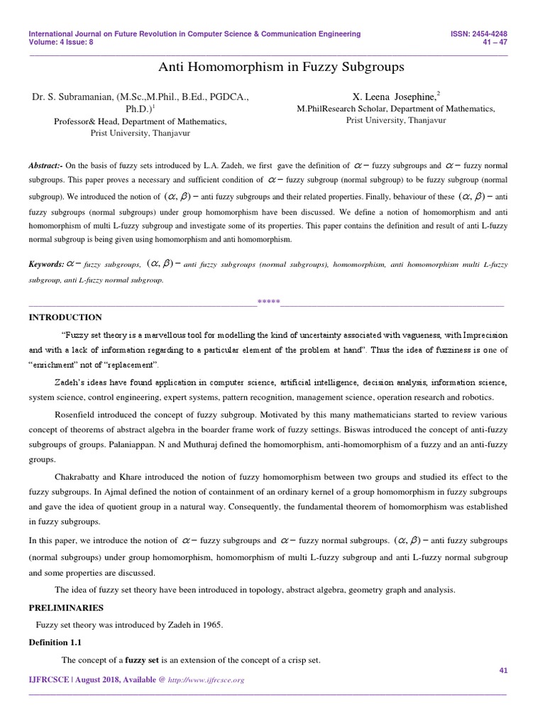 Anti Homomorphism in Fuzzy Subgroups | PDF | Group (Mathematics ...