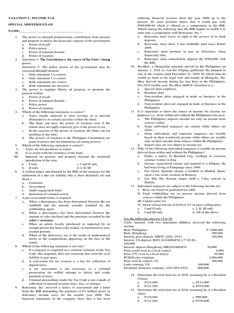 Income Tax Midterm Exam Questions | PDF | Capital Gains Tax | Taxes