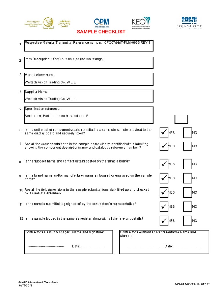 Sample Checklist Form - Puddle Pipe | PDF | Business