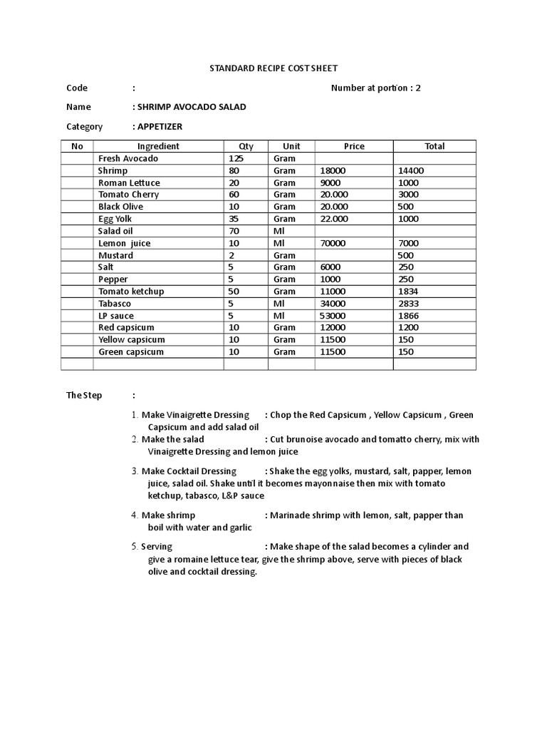 Standard Recipe Cost Sheet Lks Fix | PDF | Salad | Foods