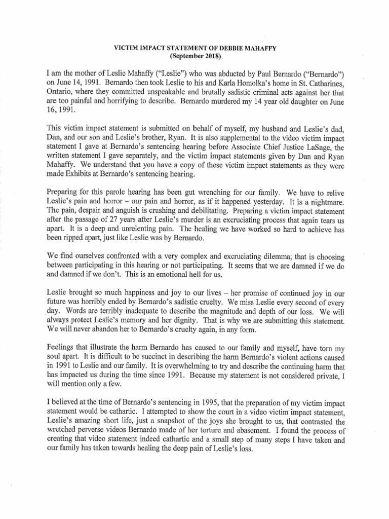 Victim Impact Statement of Debbie Mahaffy (Sept 2018) | PDF