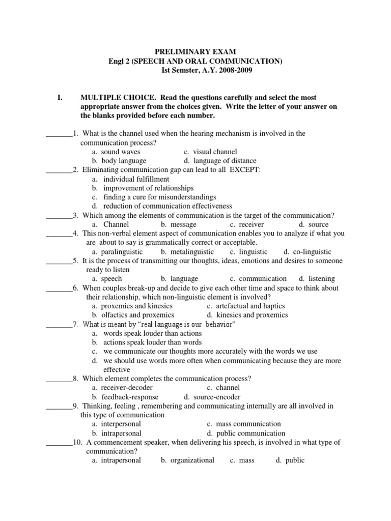 Preliminary Exam | PDF | Communication | Nonverbal Communication