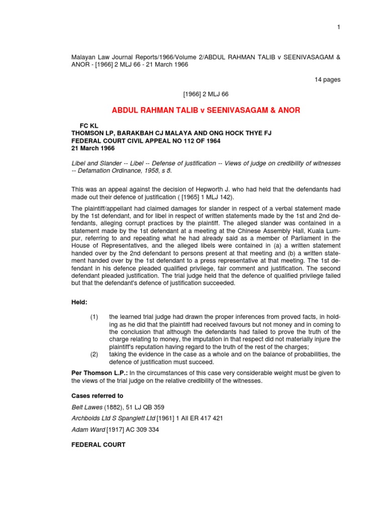 Abdul Rahman Talib V Seenivasagam & Anor - ( | PDF | Defamation ...