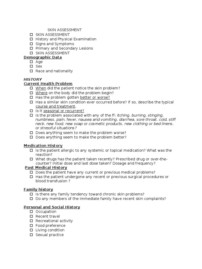 Skin Assessment Handout | PDF | Dose (Biochemistry) | Chemistry