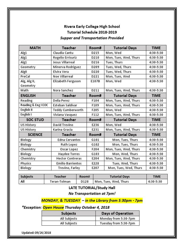 Tutorial Schedule Updated 09 24 18 1 1 Pdf