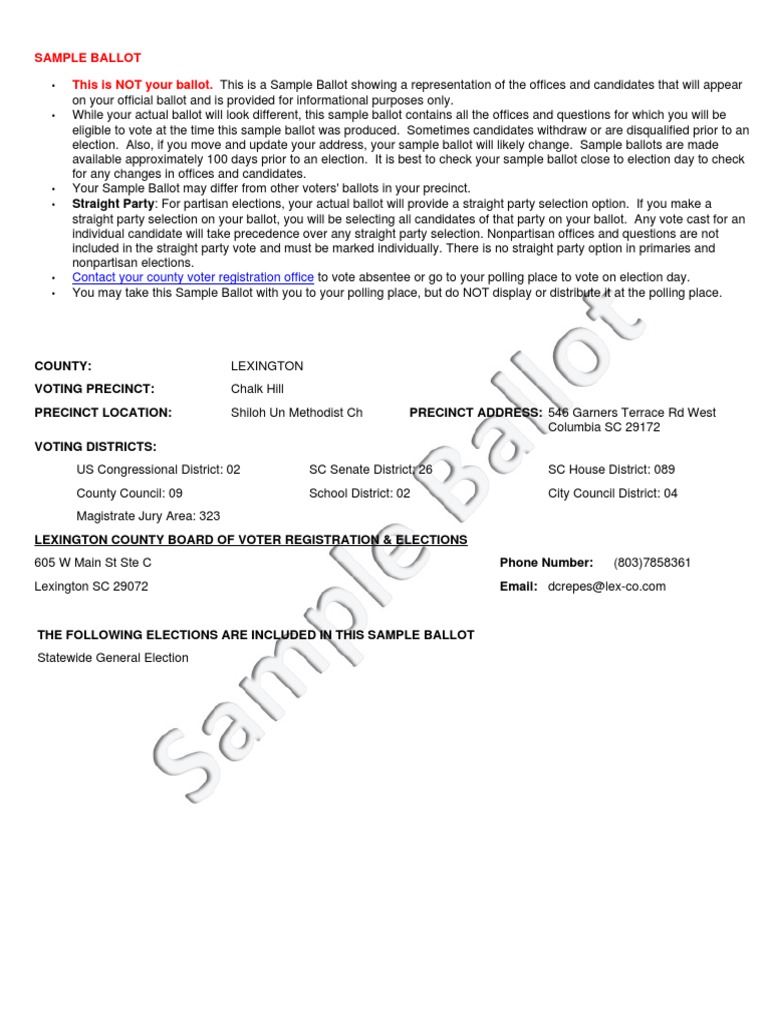 Lexington County Sample Ballot 2023 | PDF | Polling Place | Elections