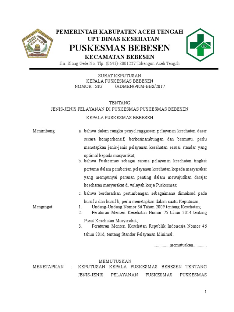 SK Jenis Jenis Pelayanan Di Puskesmas | PDF