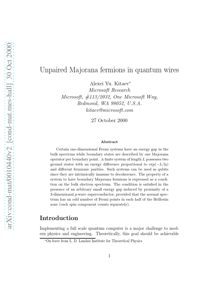 Kitaev Chain Model (Kitaev) | PDF | Superconductivity | Spin (Physics)