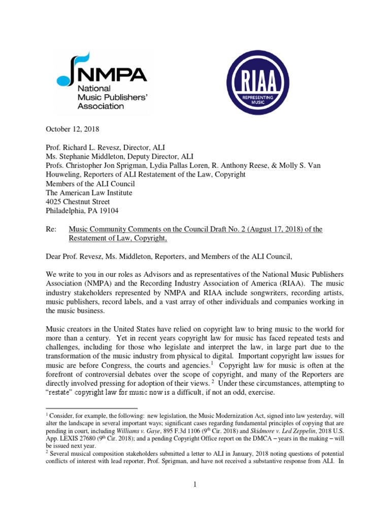 NMPA and RIAA Letter on ALI's Copyright Restatement | Derivative Work ...