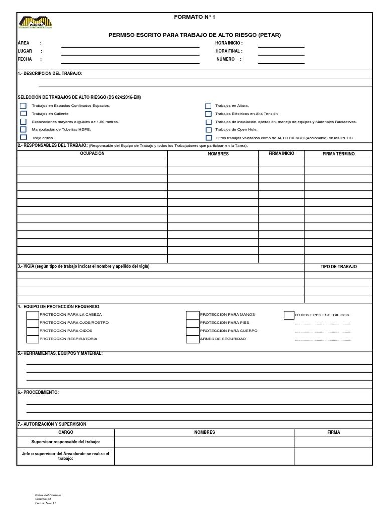 1. Permiso Escrito de Trabajo Alto Riesgo V3 | Andamio | Gases