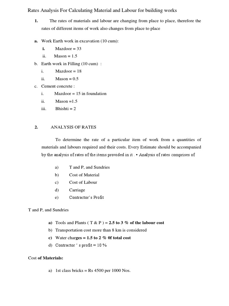Rates Analysis For Calculating Material and Labour For Building Works ...