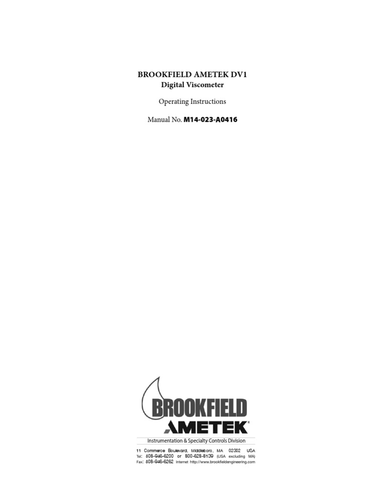Brookfield Ametek DV1 Digital Viscometer Operator's Manual | PDF ...