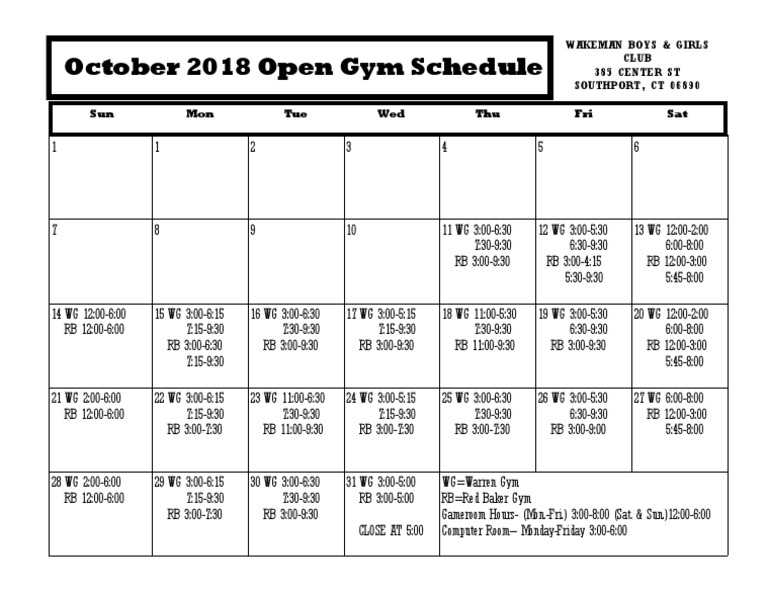 October 2018 Open Gym Schedule | PDF