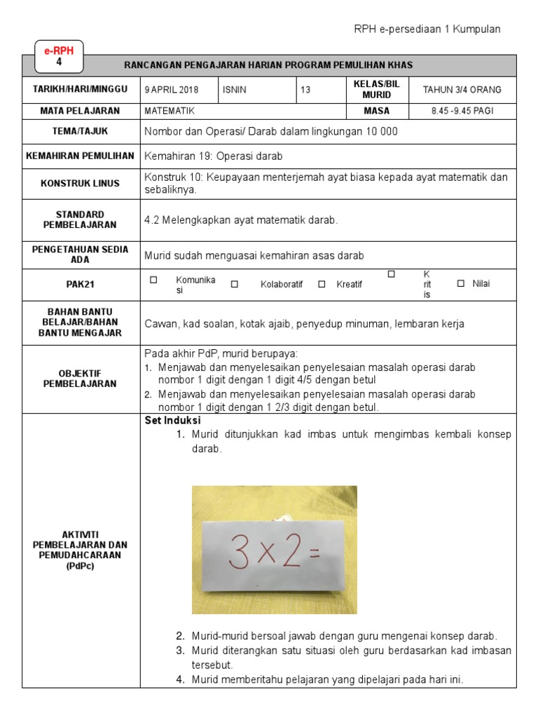RPH Numerasi Kumpulan 4 (DARAB) | PDF