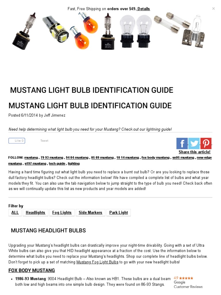 Mustang Light Bulb Identification Guide | PDF | Headlamp | Ford Vehicles