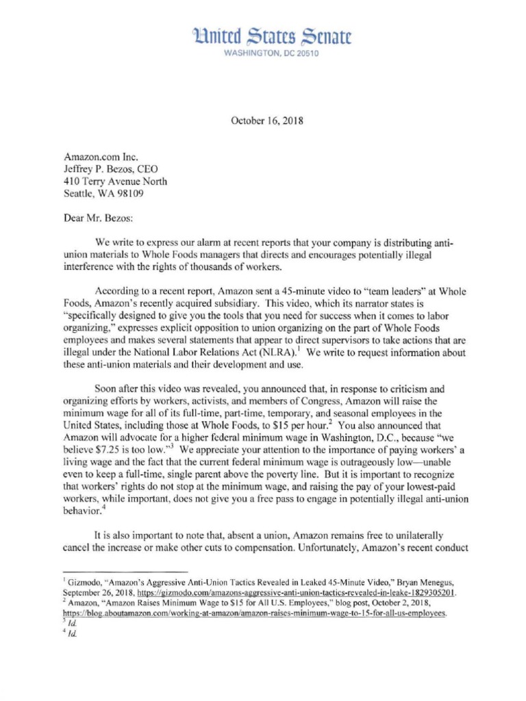 Warren/Sanders Letter | PDF | Union Busting | Employment