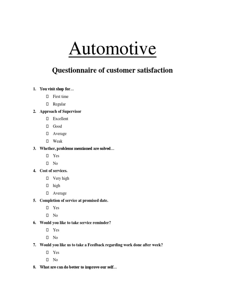 Automotive: Questionnaire of Customer Satisfaction | PDF