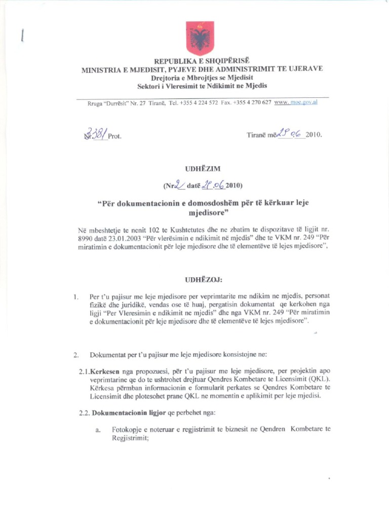 Udezimi Per Dokumentat Per Leje Mjedisore Qershor 2010 | PDF Udezimi Per Dokumentat Per Leje Mjedisore Qershor 2010 | PDF