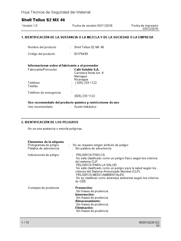 Hoja Técnica de Seguridad Aceite Hidráulico Shell Tellus S2 MX 46 | PDF ...