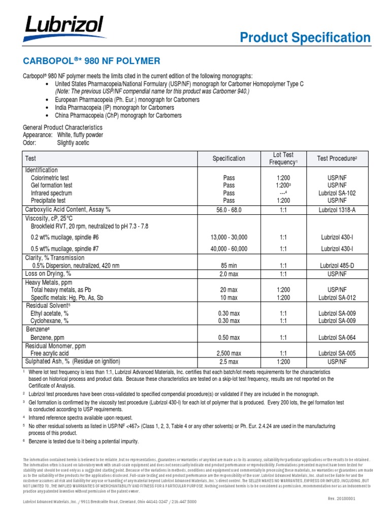 Product Specification: Carbopol 980 NF Polymer | PDF | Chemistry ...
