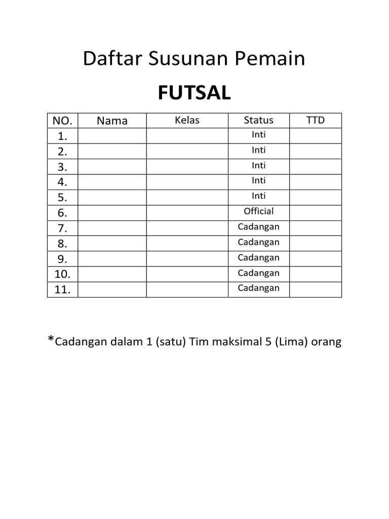 Format Daftar Susunan Pemain Futsal | PDF