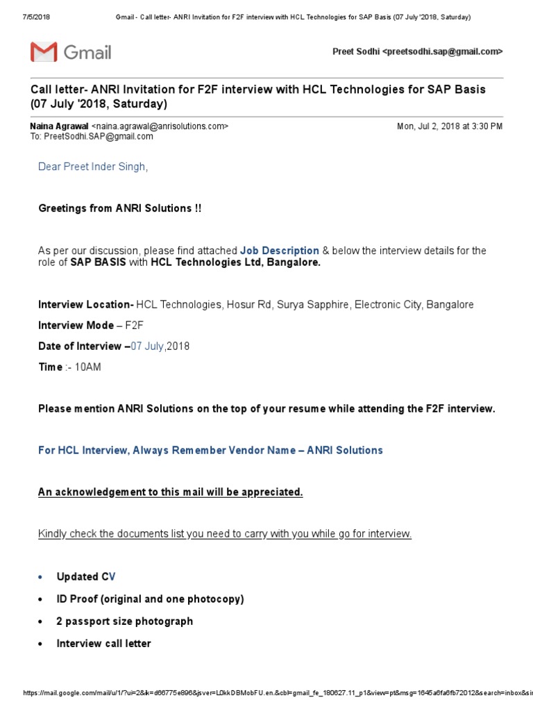 ANRI Invitation for F2F Interview With HCL Technologies for SAP Basis ...