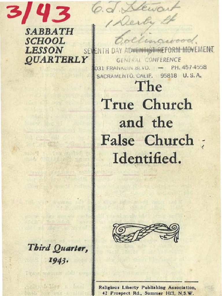 The True Church and The False Church,. Identified.: Sabbath School ...