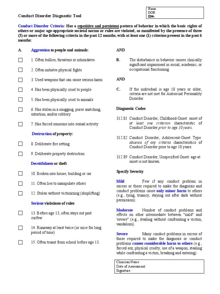 Conduct Disorder Assessment Guide | PDF | Clinical Psychology | Disability