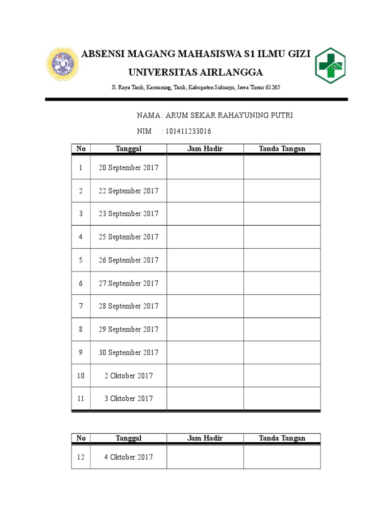 Absensi Magang Mahasiswa Gizi | PDF