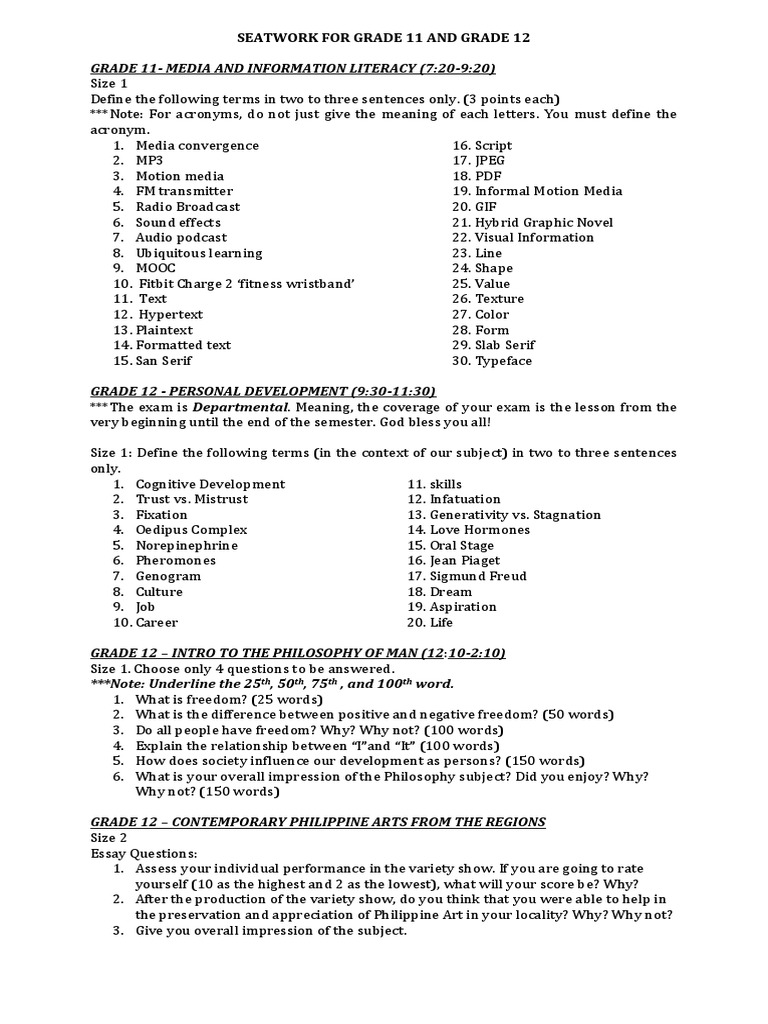 Seatwork For Grade 11 and Grade 12 | PDF | Behavior Modification ...