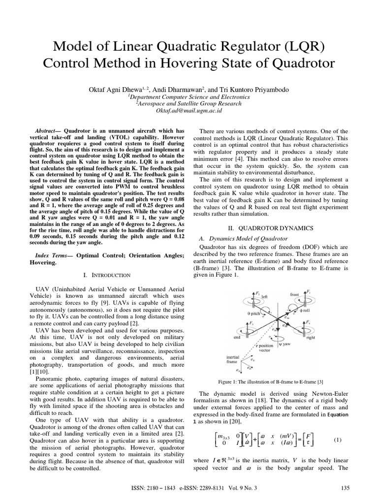 Model of Linear Quadratic Regulator (LQR) Control Method in Hovering State of Quadrotor | PDF ...