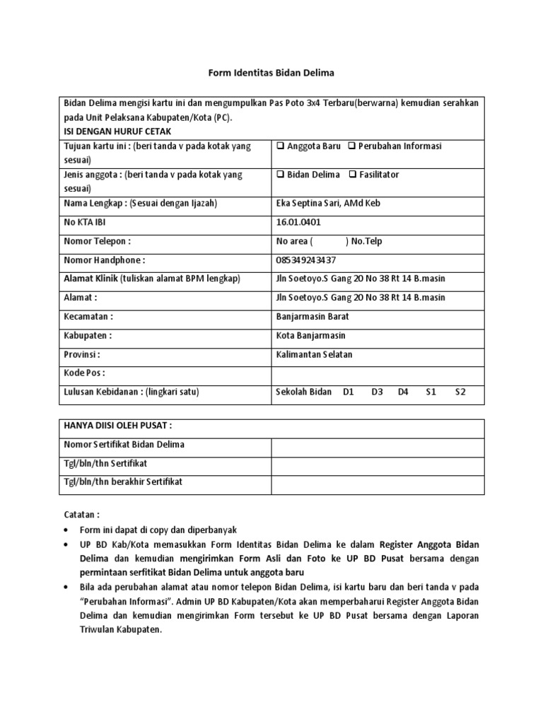 Form Identitas Bidan Delima | PDF