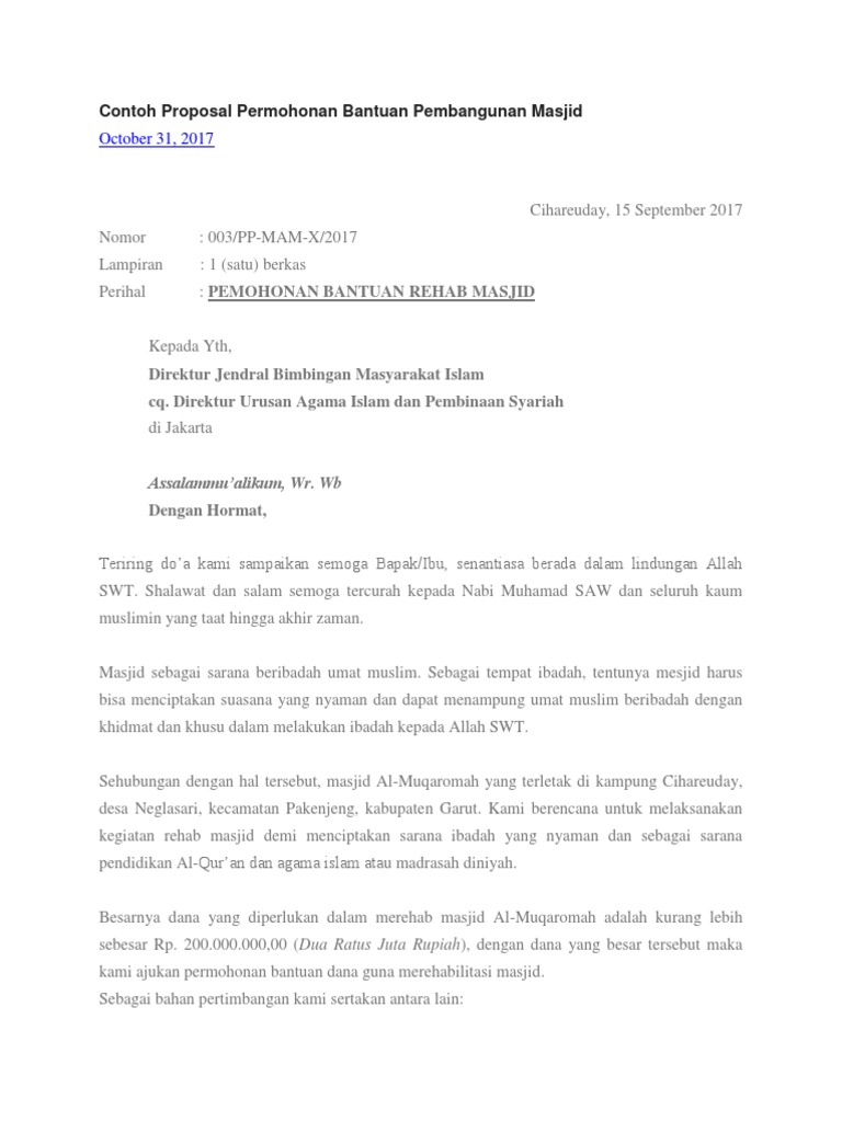 Contoh Proposal Permohonan Bantuan Pembangunan Masjid | PDF
