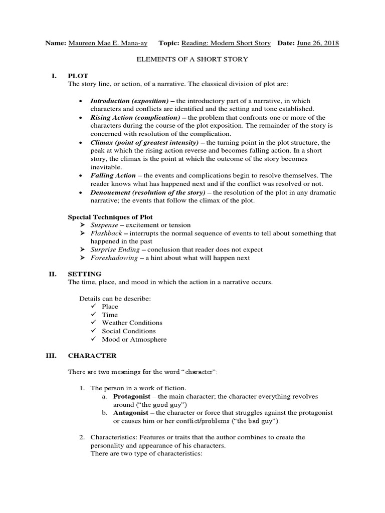 Handouts - Elements of Short Story. | Download Free PDF | Plot (Narrative) | Cognition