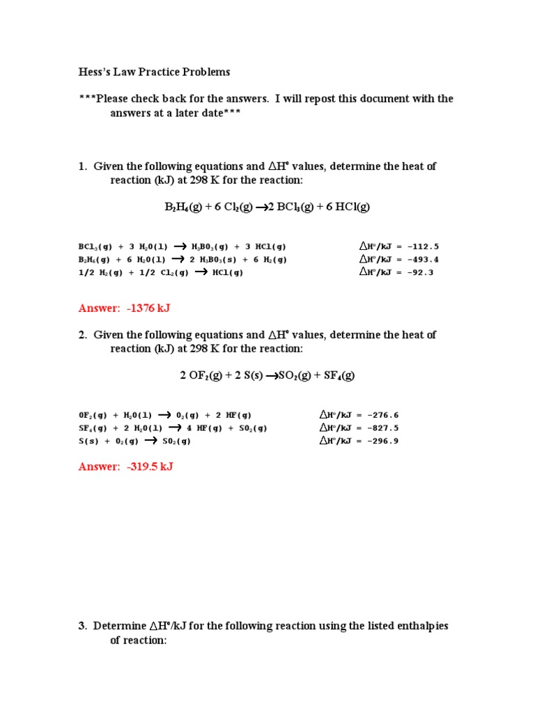 Hess Law Practice | Download Free PDF | Chemical Substances | Branches ...