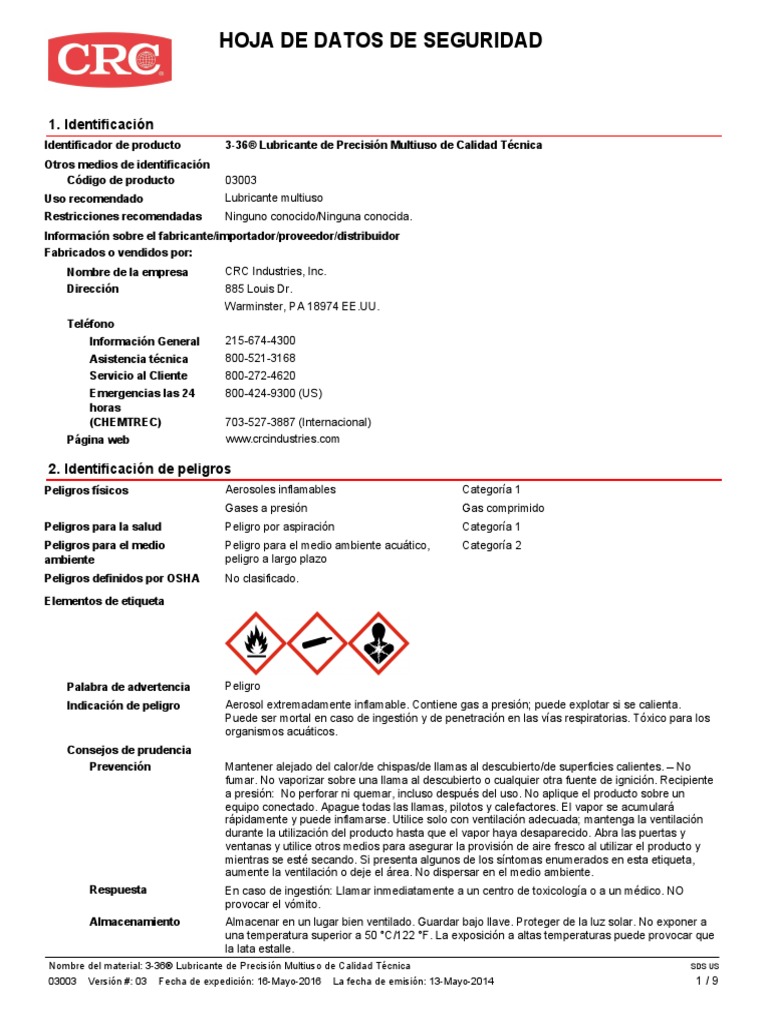 Hoja de Datos de Seguridad CRC | Residuos | Toxicología