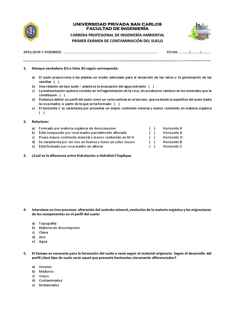Examen sobre Contaminación del Suelo | PDF | Suelo | Contaminación