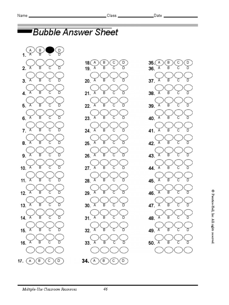 Bubble Answer Sheet: Name Class Date | PDF