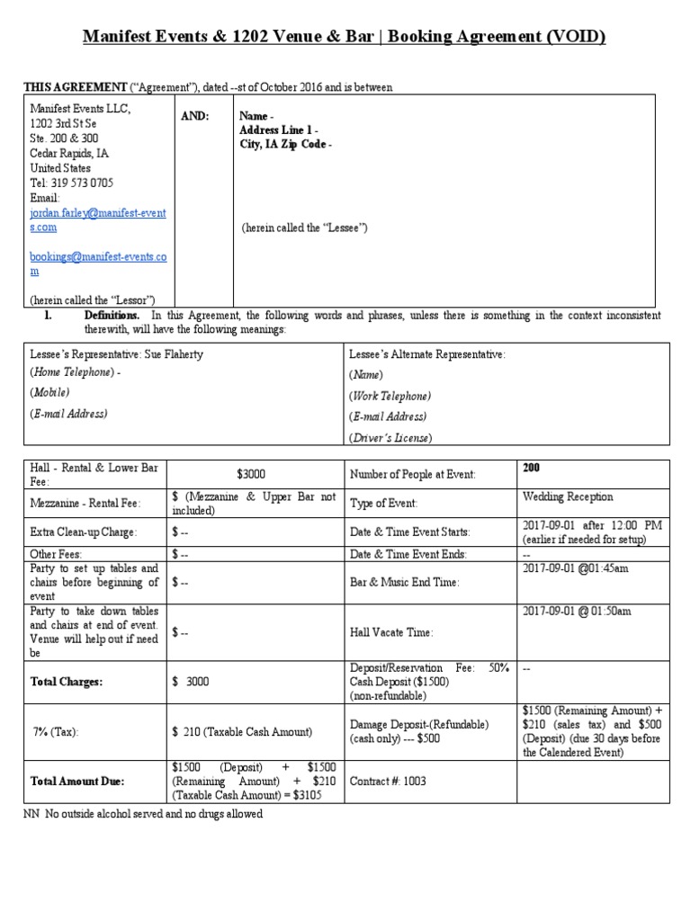 Booking Agreement (Mock Up) | PDF | Lease | Indemnity